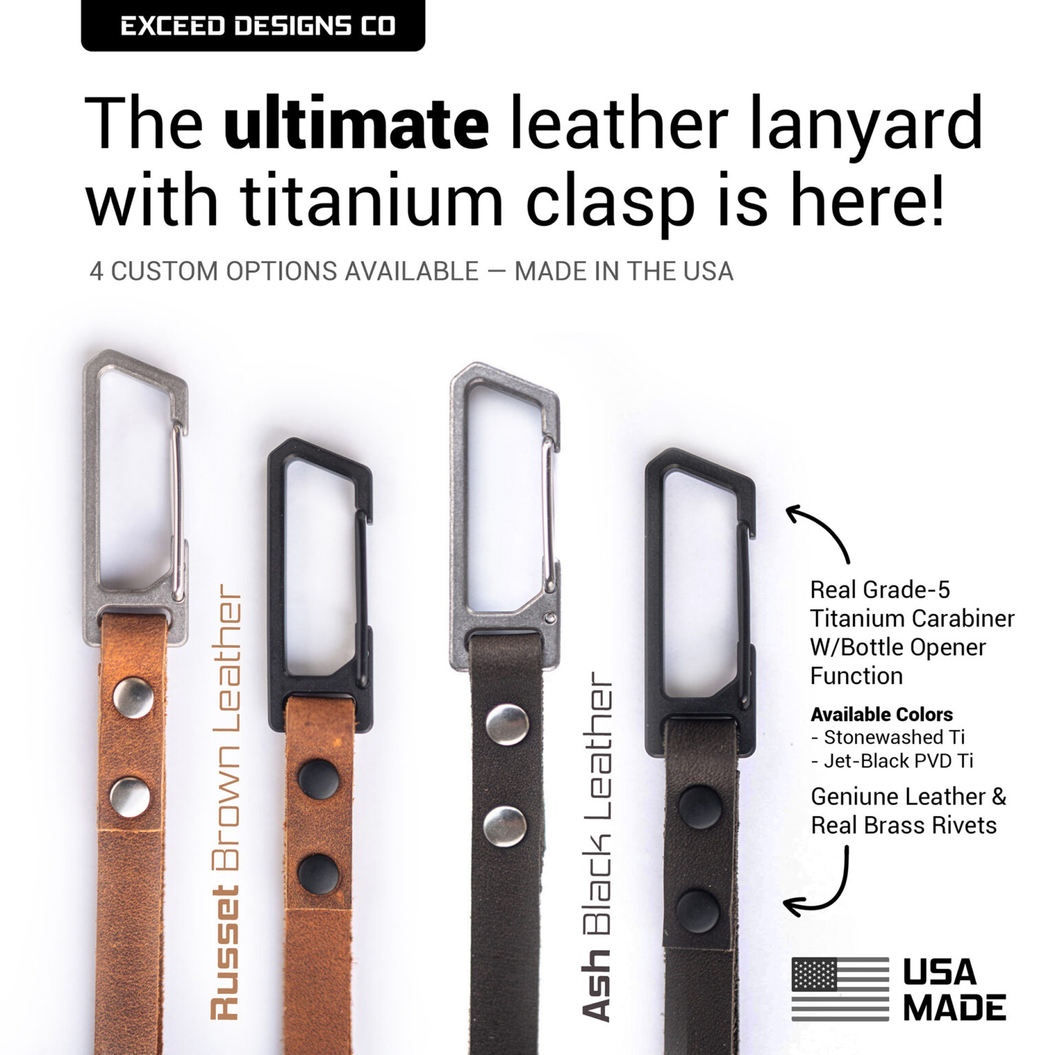 Ash-Black TiRant LATCH 6″ Mini Leather Wrist Lanyard W/Titanium ...