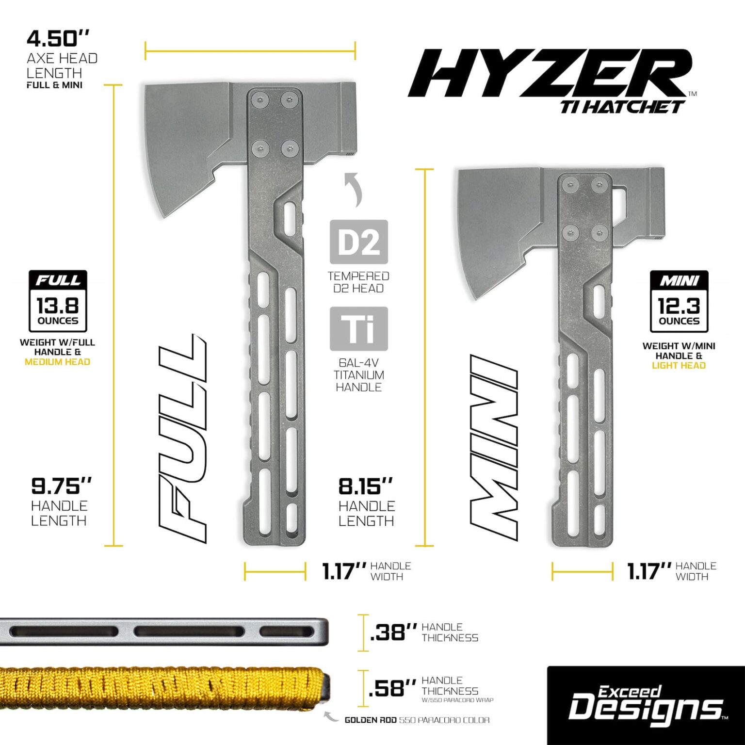 HYZER Titanium Hatchet W/Light D2 Axe Head (Dark Grey Blasted 6AL-4V ...