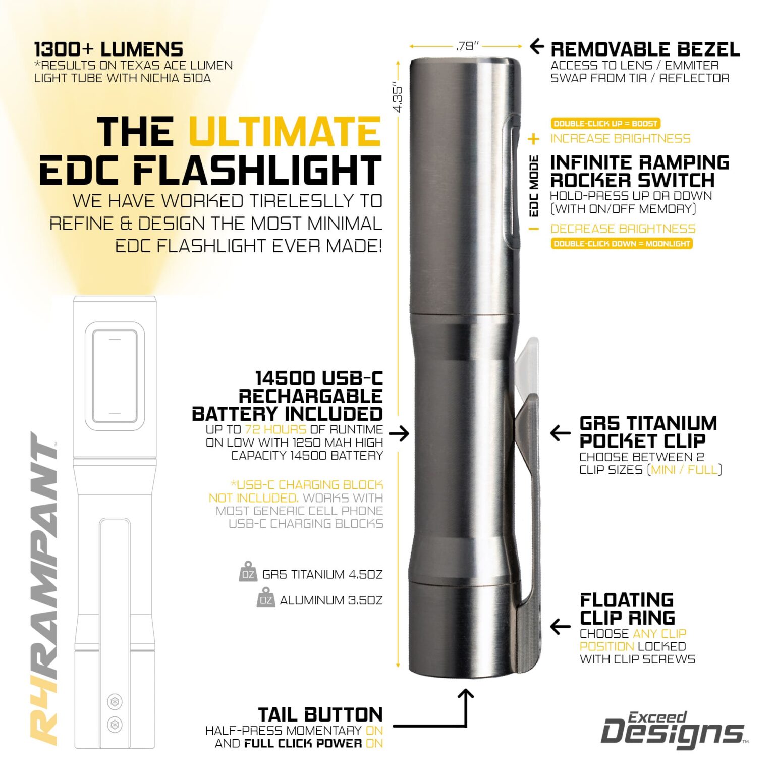 RAMPANT™ R4 EDC Flashlight (Fine Satin Stonewashed Aluminum + Ti ...